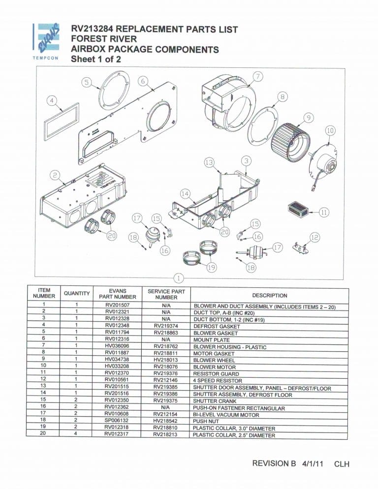 Spec Sheets (Evans Tempcon) Replacement Part Diagrams