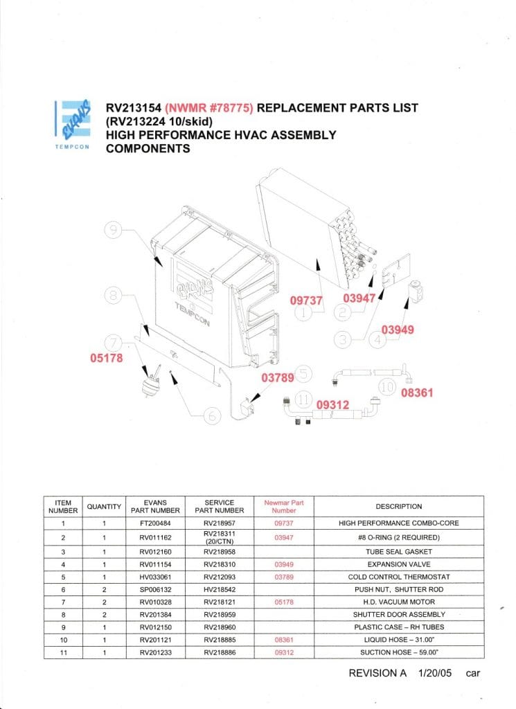 Spec Sheets (Evans Tempcon) Replacement Part Diagrams
