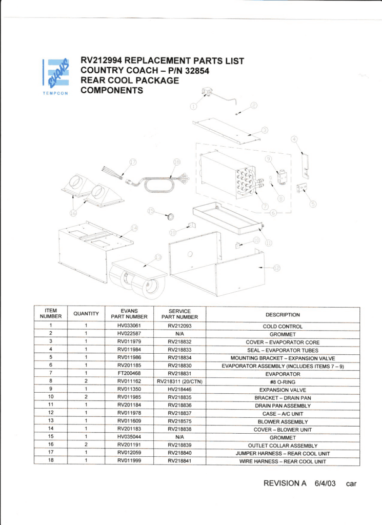 Spec Sheets (Evans Tempcon) Replacement Part Diagrams