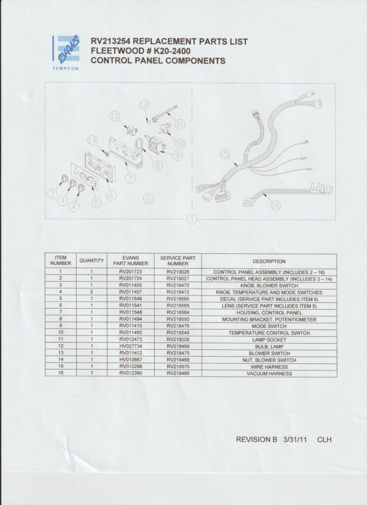 Spec Sheets (Evans Tempcon) Replacement Part Diagrams