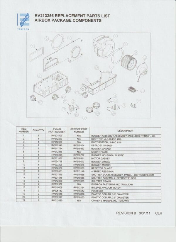 Spec Sheets (Evans Tempcon) Replacement Part Diagrams