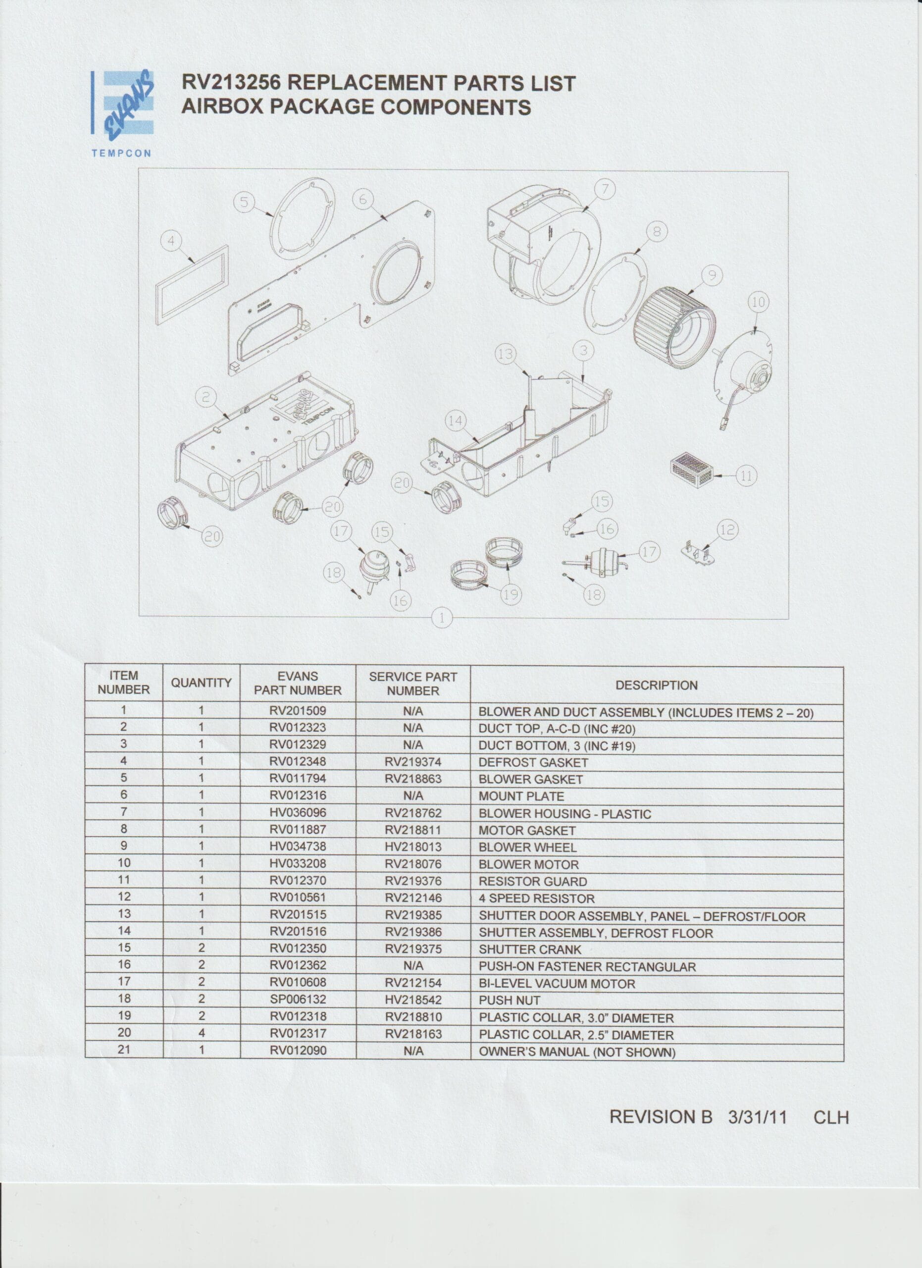Evans Spec Sheet RV213256 - Comfort Air GR LLC RV HVAC Parts