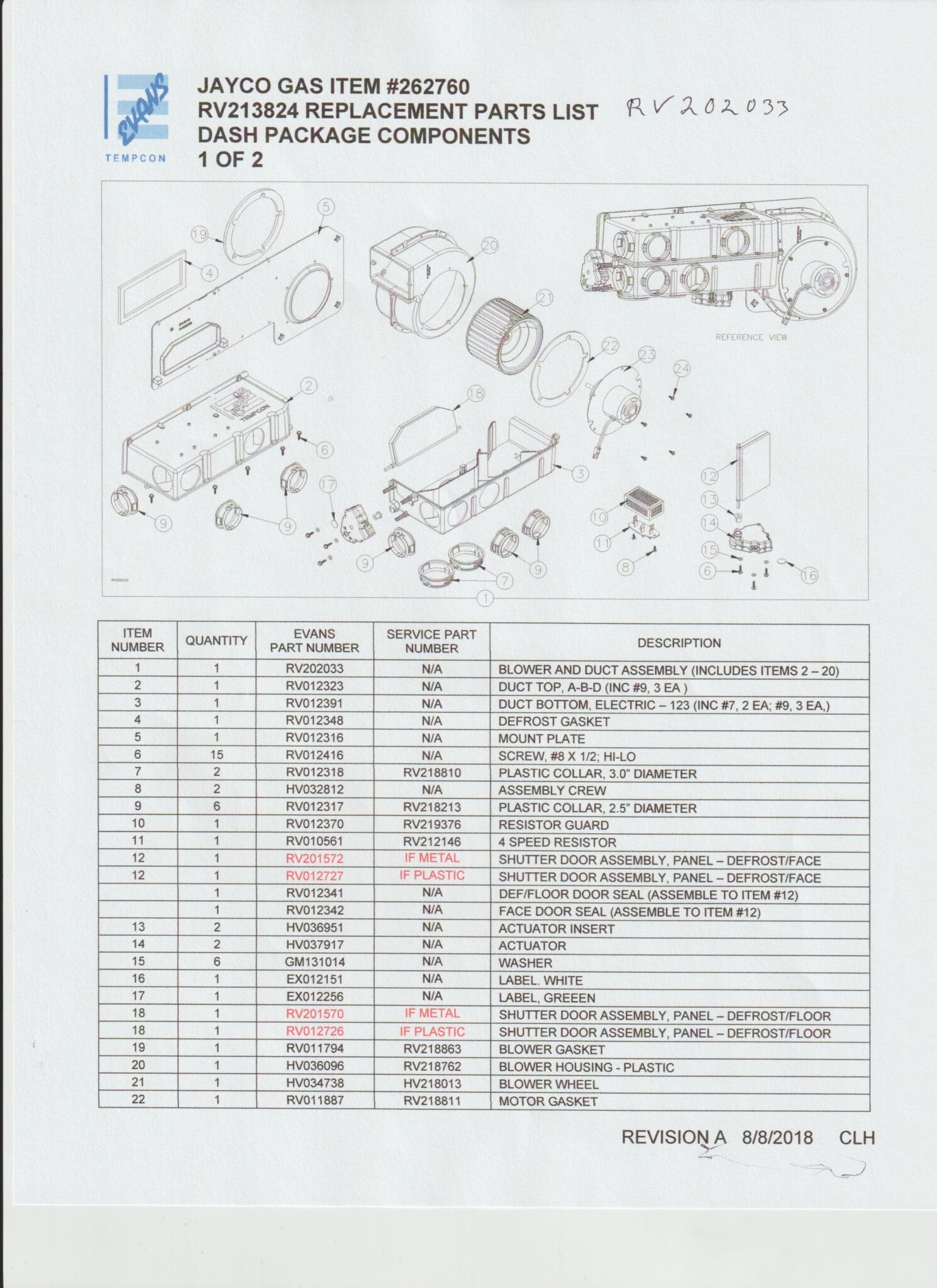 Evans Spec Sheet RV213282 & RV202033 - Comfort Air Inc. RV HVAC Parts