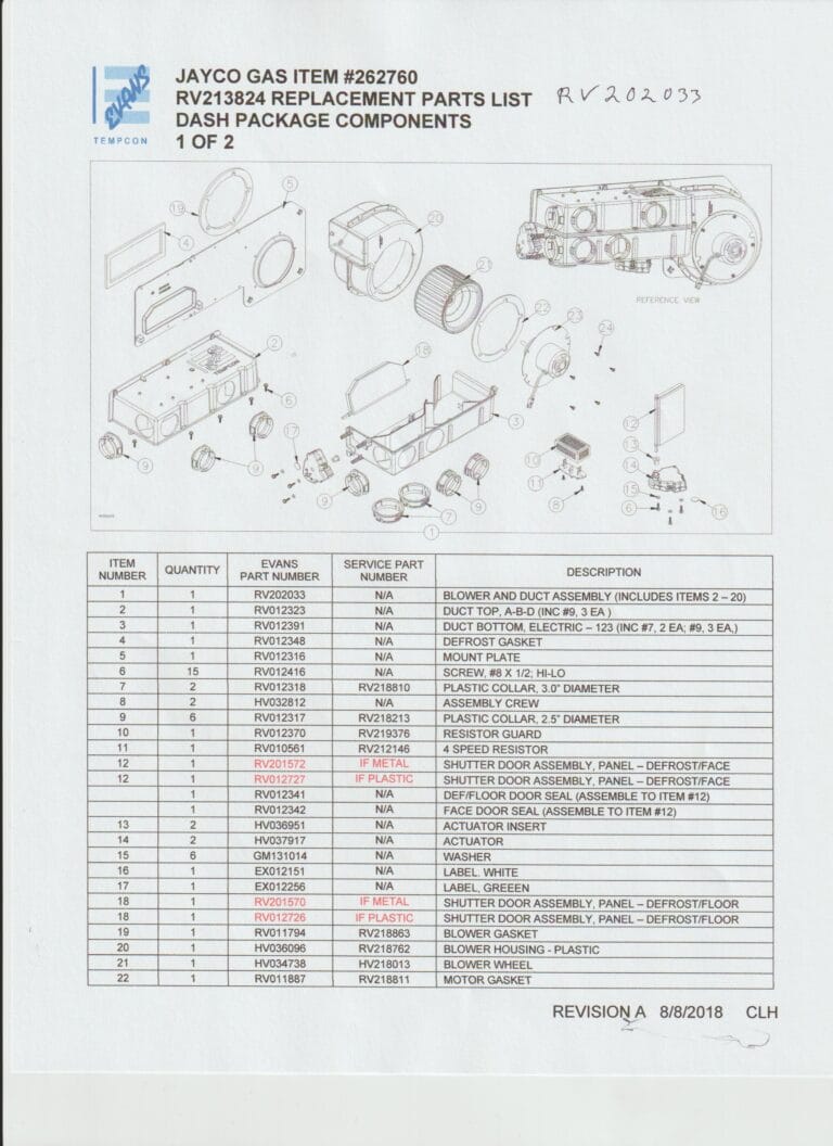 Spec Sheets (Evans Tempcon) Replacement Part Diagrams
