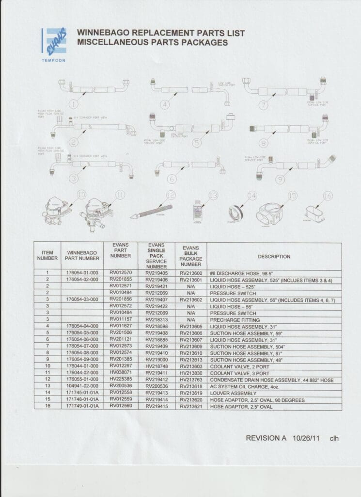 Evans Spect Sheet, Winnebago Replacement Parts List - Comfort Air GR ...
