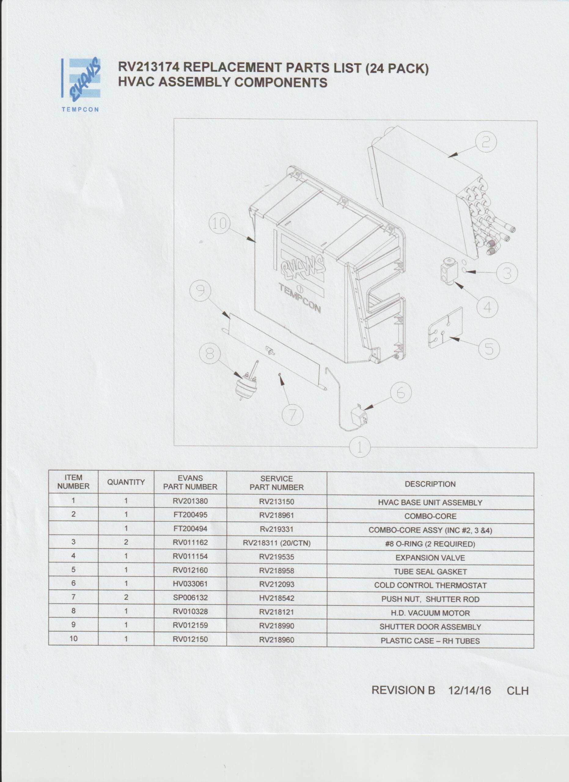 Evans Tempcon Spec Sheet, RV213174 Replacement parts list. - Comfort ...