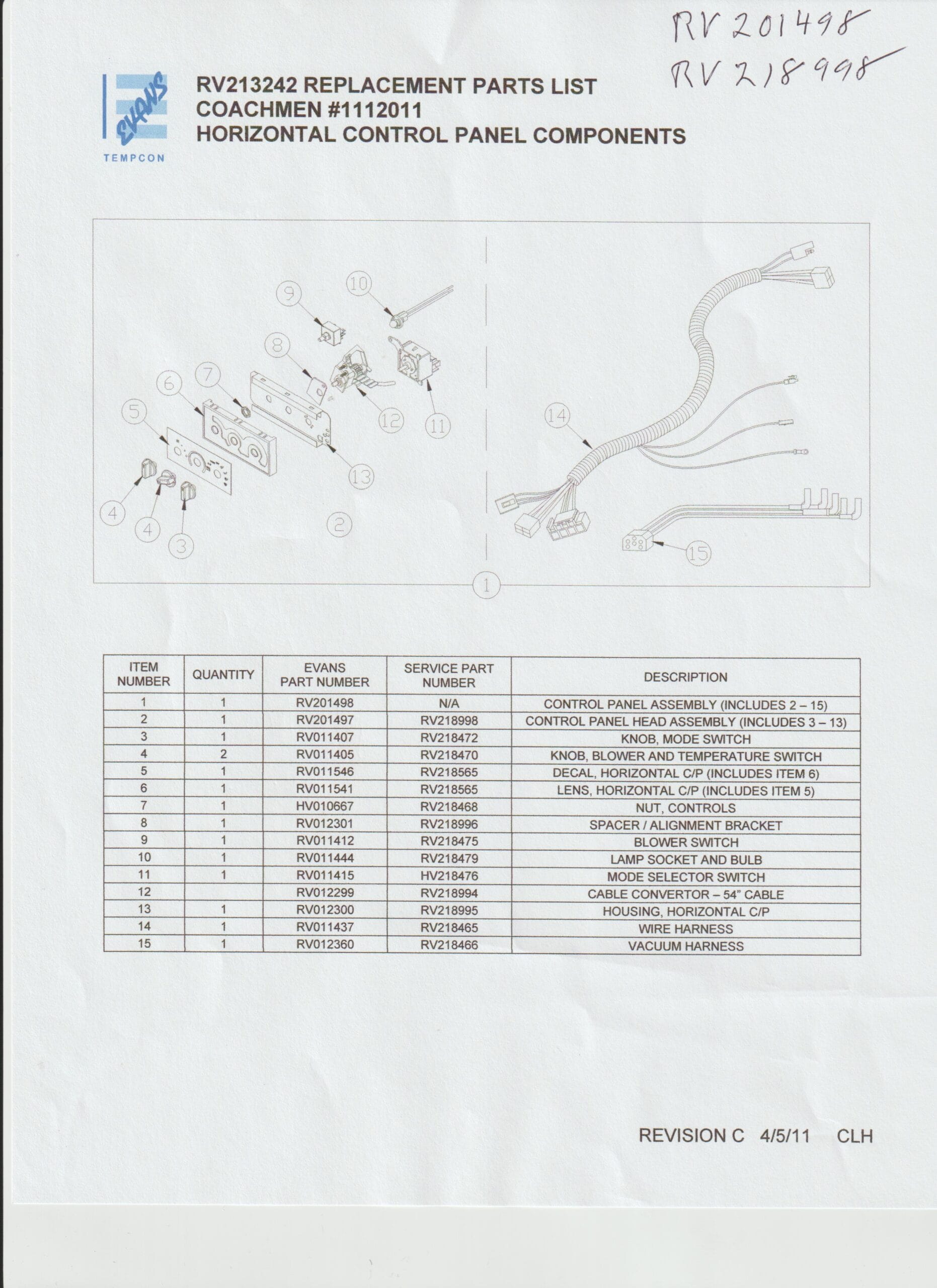 Evans Tempcon Spec Sheet. RV213242, RV201498, RV218998. - Comfort Air ...