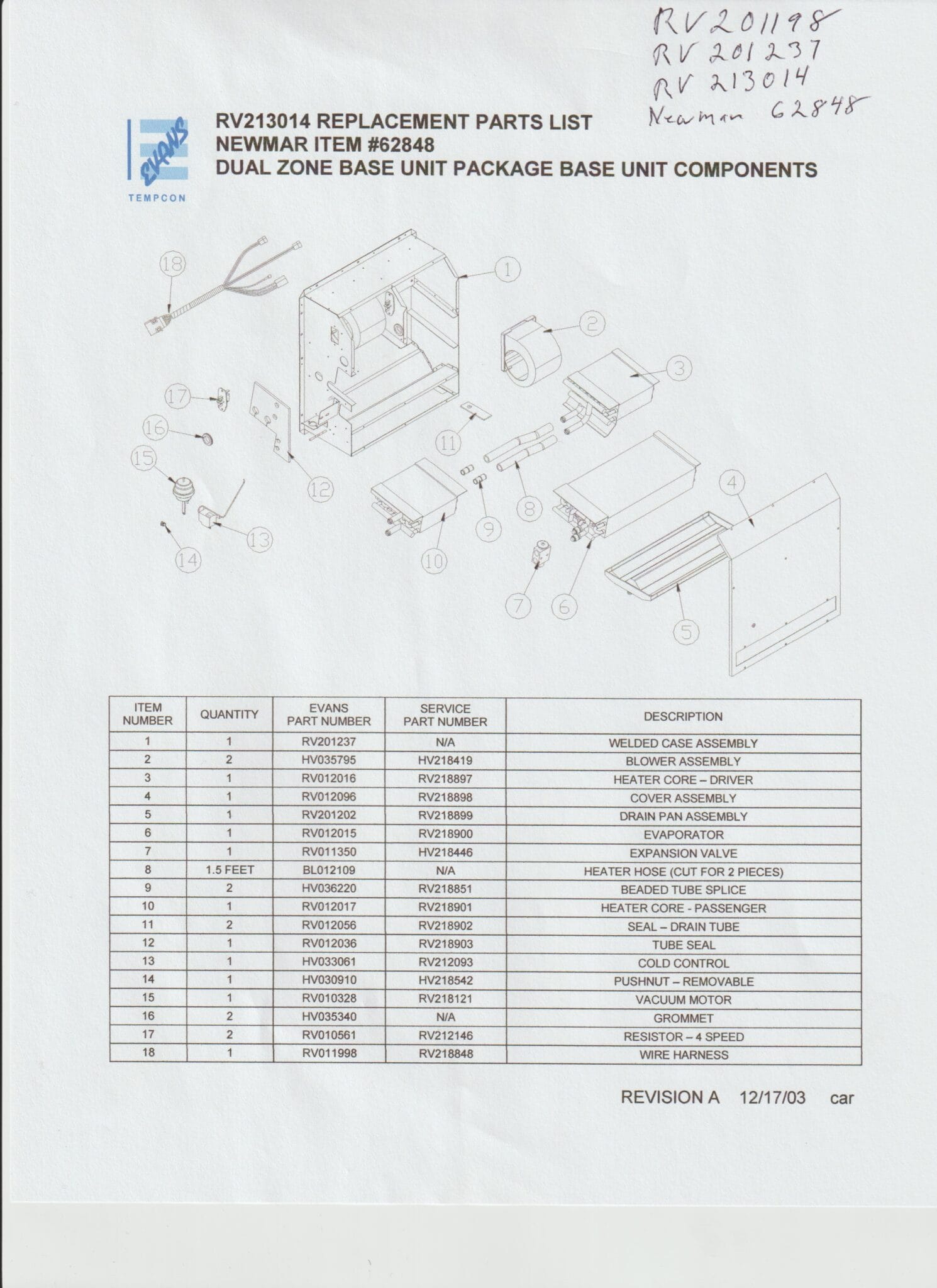 Evans Tempcon Spec sheet RV213014 Replacement parts list Newmar number ...