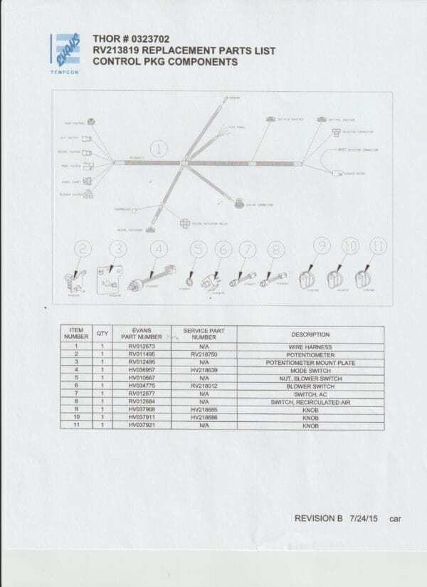 Spec Sheets (Evans Tempcon) Replacement Part Diagrams