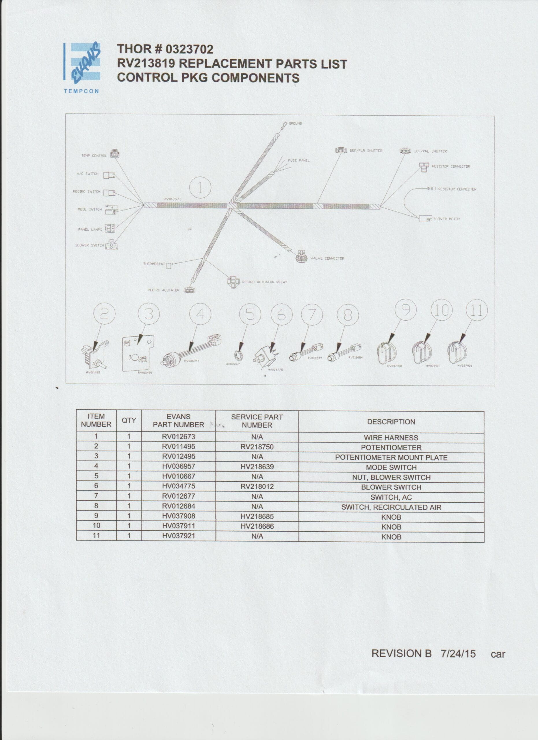 Evans Spec Sheet RV213819 Thor # 0323702 - Comfort Air GR LLC RV HVAC Parts