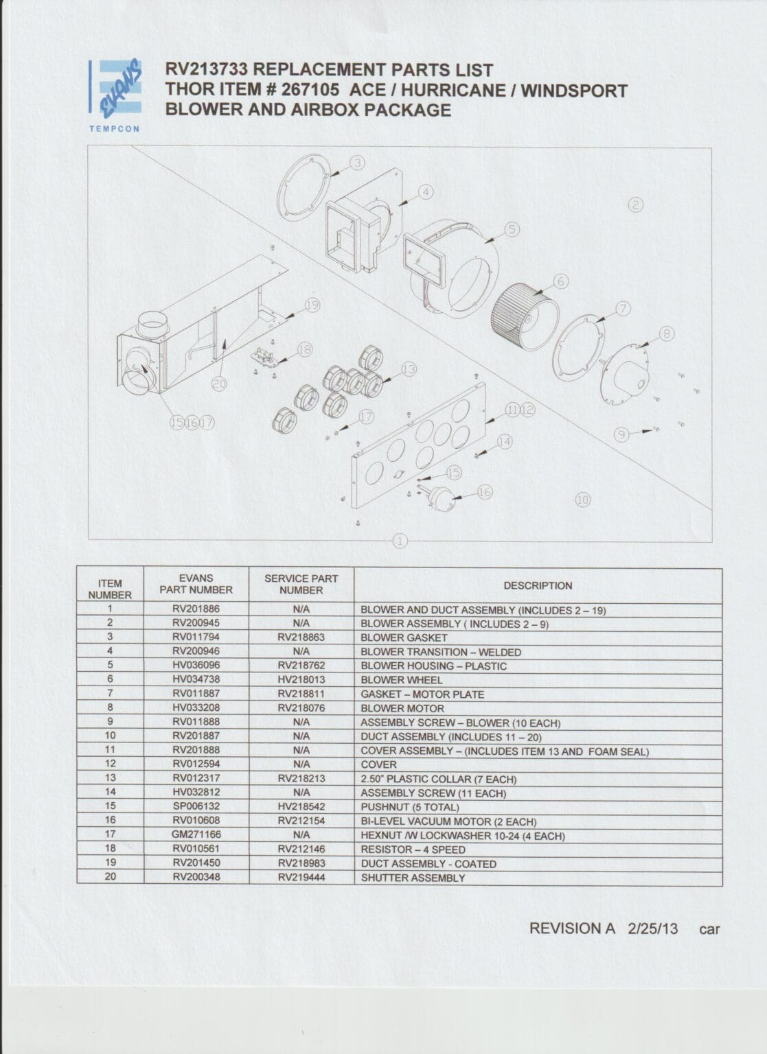 Spec Sheets (Evans Tempcon) Replacement Part Diagrams