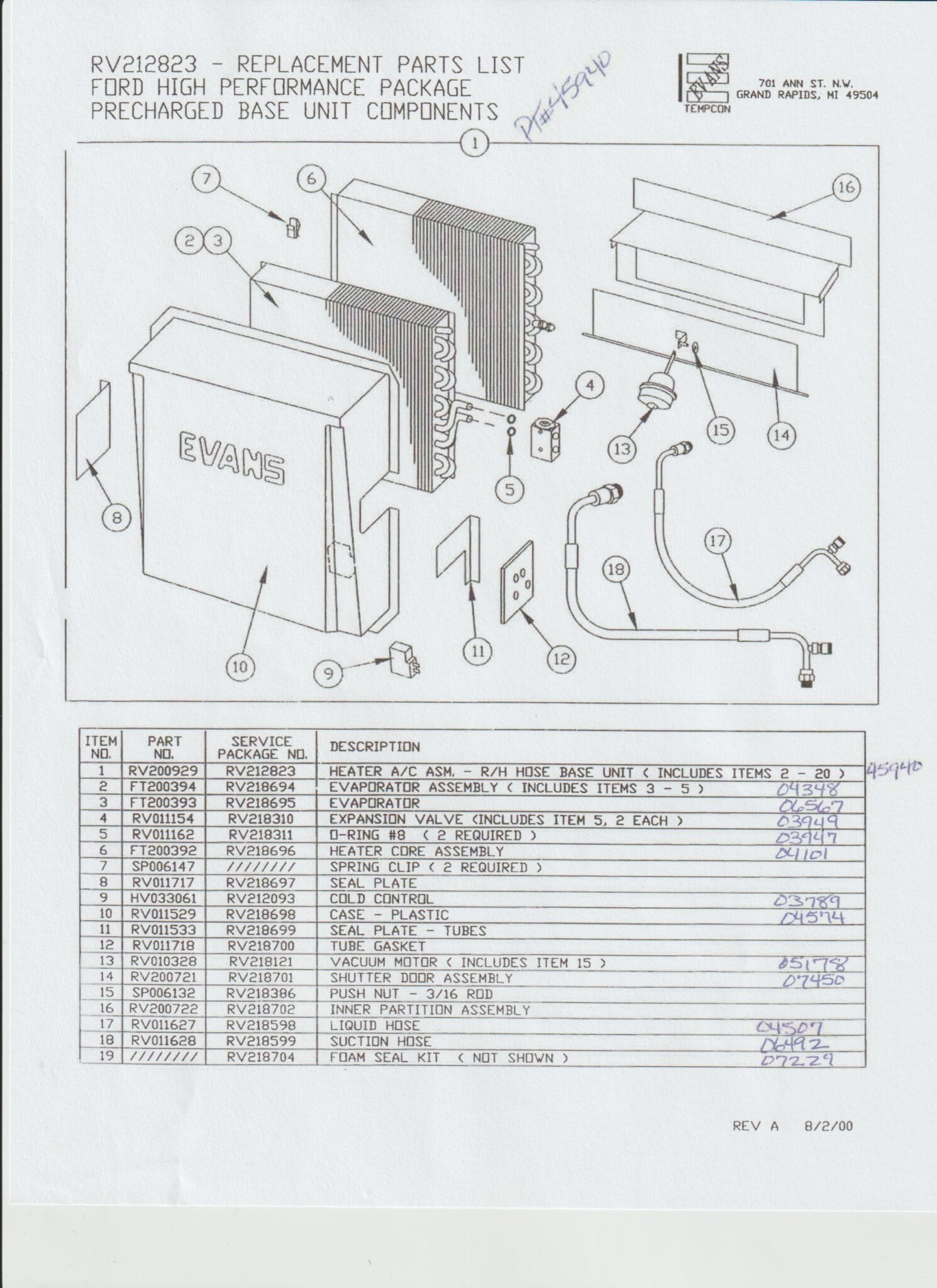Spec Sheets (Evans Tempcon) Replacement Part Diagrams