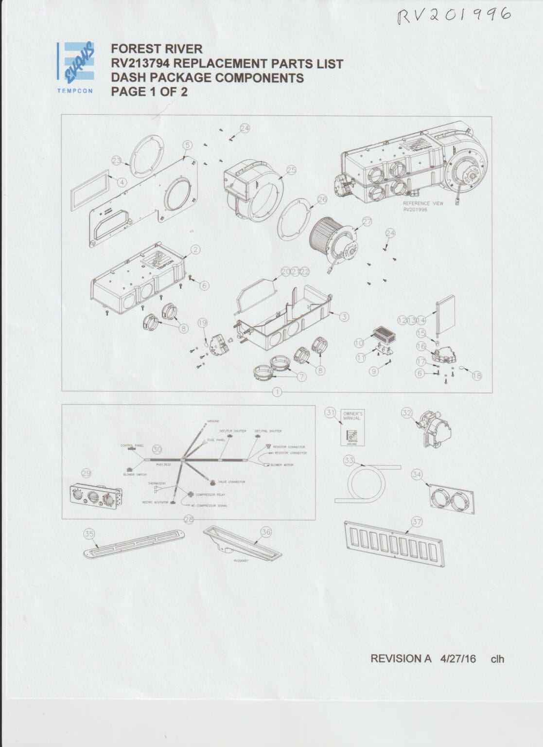 Spec Sheets (Evans Tempcon) Replacement Part Diagrams