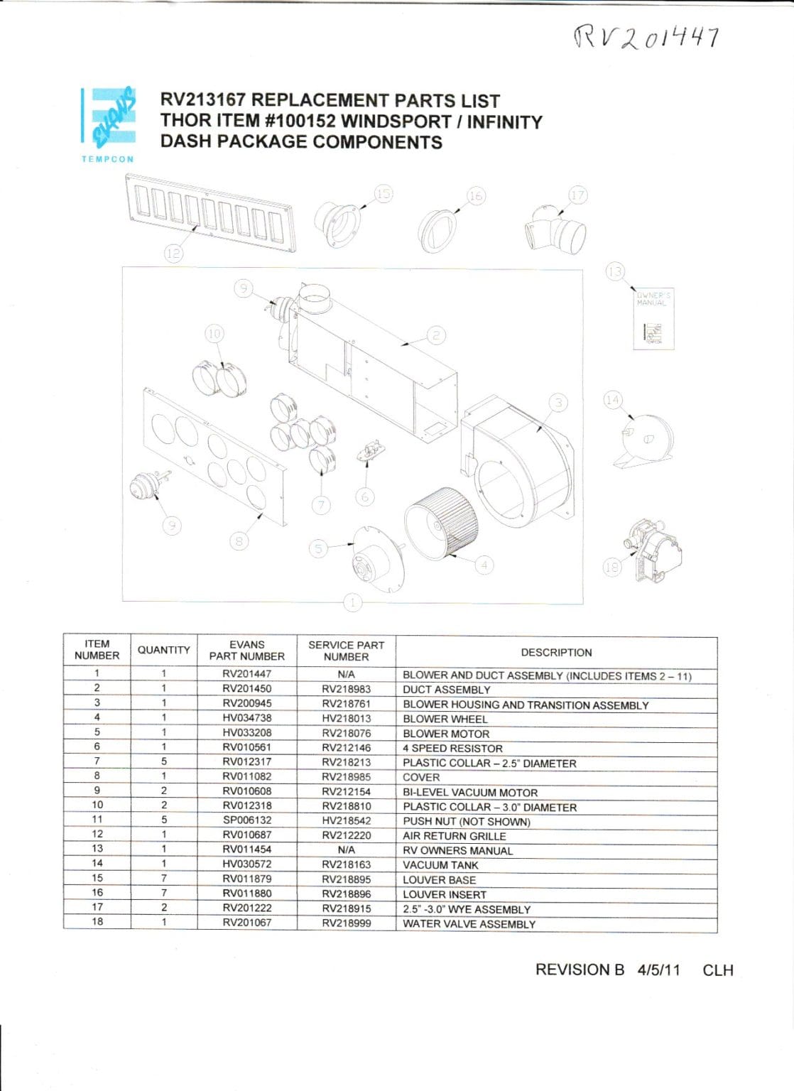 Spec Sheets (Evans Tempcon) Replacement Part Diagrams