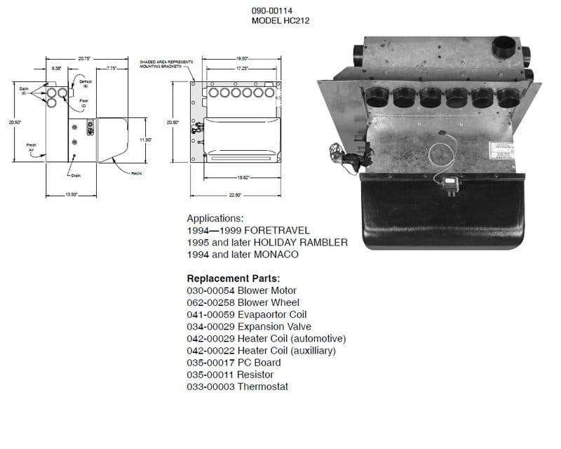 SCS Spec sheet 090-0114. HC212 - Comfort Air GR LLC RV HVAC Parts
