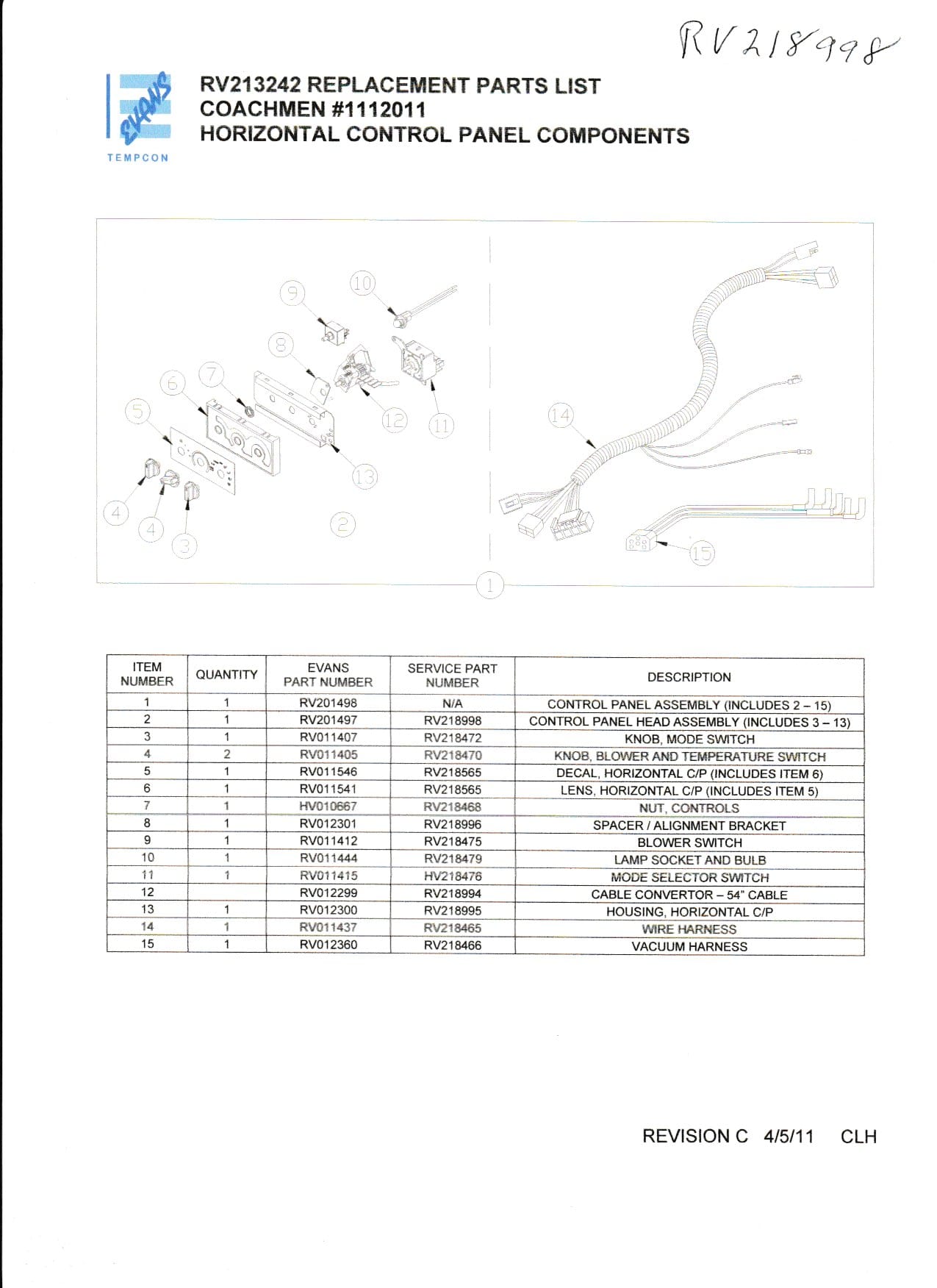 RV213242, RV218998 Spec Sheet - Comfort Air Inc. RV HVAC Parts