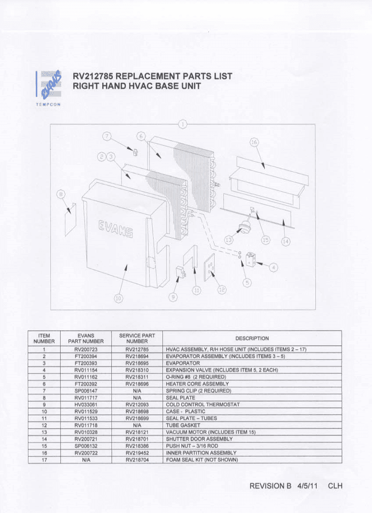 Spec Sheets (Evans Tempcon) Replacement Part Diagrams