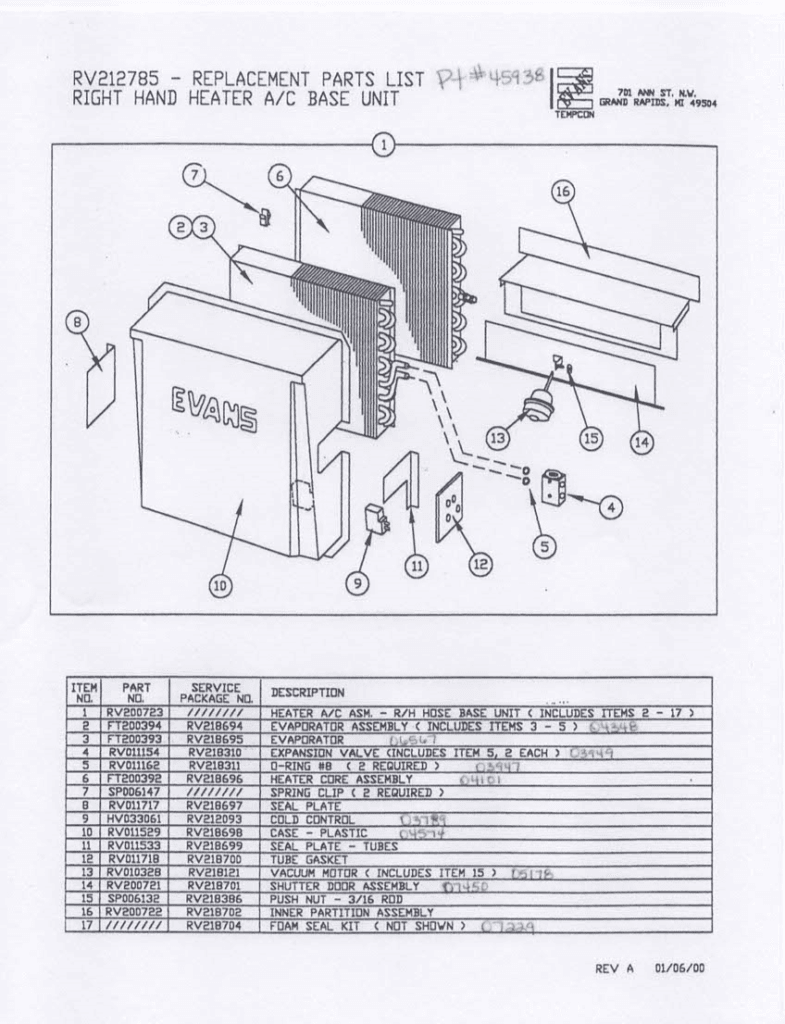 Spec Sheets (Evans Tempcon) Replacement Part Diagrams